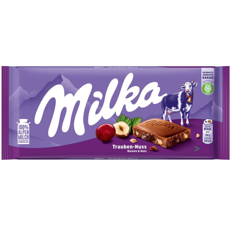 Milka Trauben-Nuss Alpenmilch-Schokolade mit Rosinen und Haselnüssen