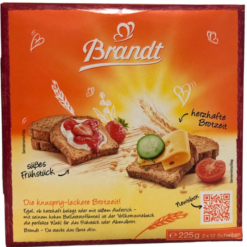 Brandt Vollkorn Zwieback knuspriger Genuss (225g Packung)