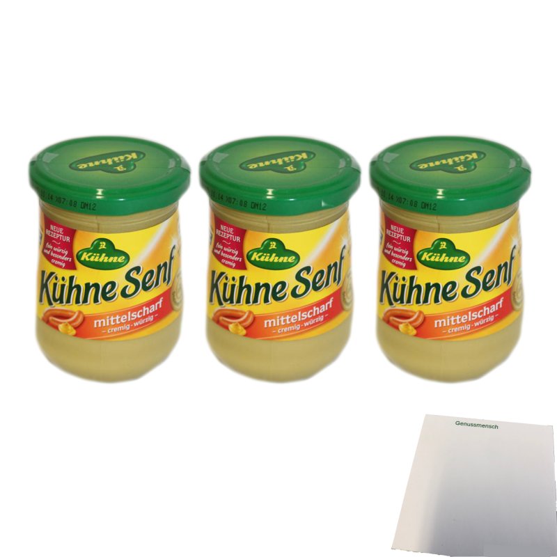 Kühne mittelscharfer Senf 3er Pack (3x250ml Glas) + usy Block