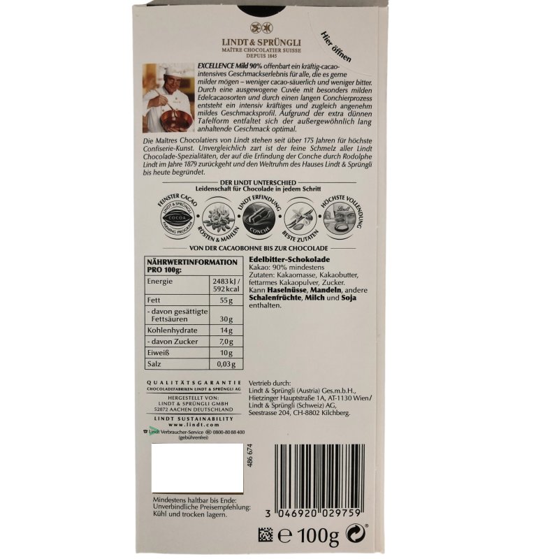 Lindt Excellence 90 % Cacao Edelbitter Schokolade (100g Tafel)