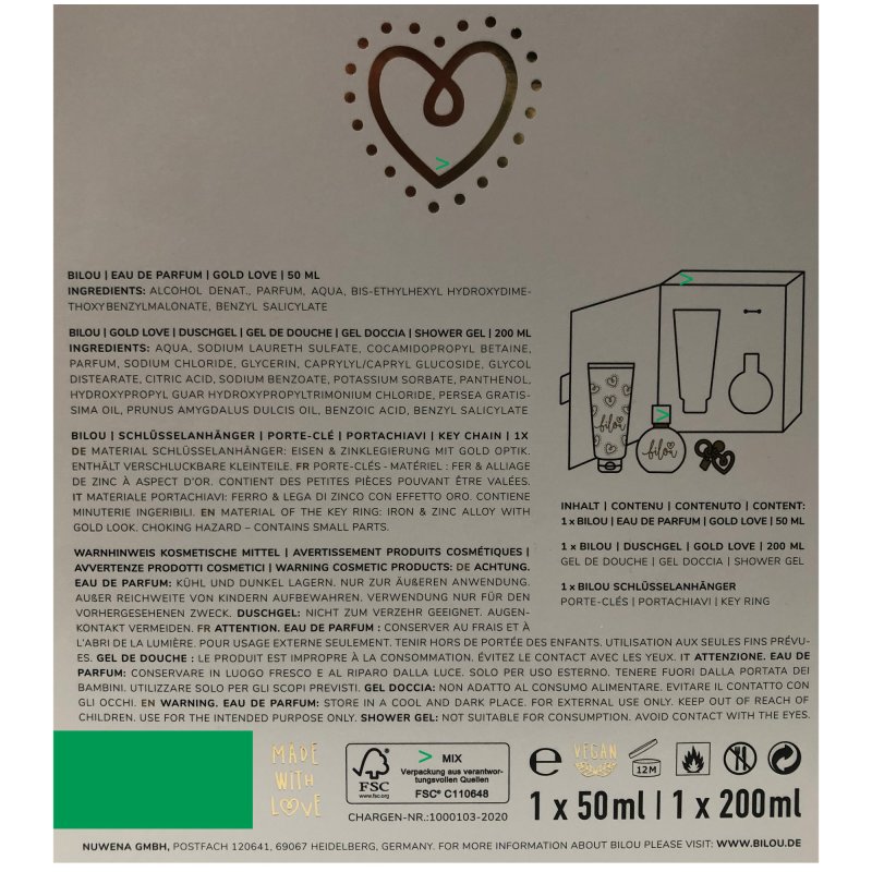 Bilou Gold Love Geschenkset (1x Eau de Parfum, 1x Duschgel, 1x Schlüs