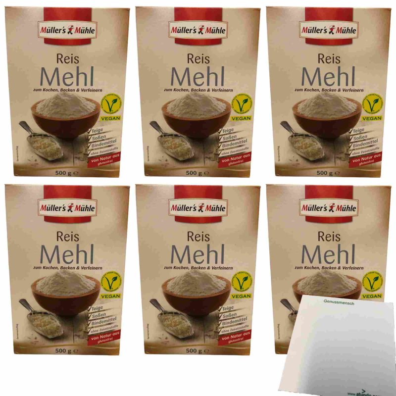 Müller's Mühle Reis Mehl 6er Pack (6x500g Packung) + usy Block