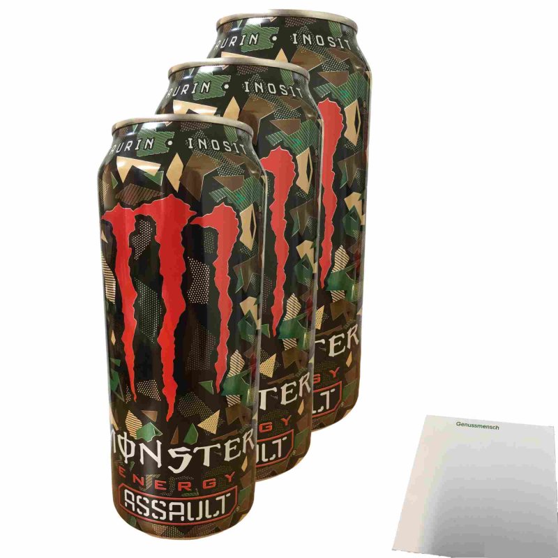 Monster Assault rot Energy Drink 3er Pack (3x0,5L) + usy Block