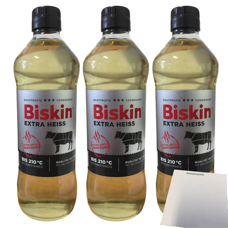Biskin Pflanzenöl EXTRA HEISS 3er Pack (3x0,5L Glasflasche) + usy Blo