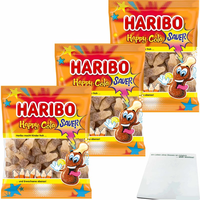 Haribo Happy Cola sauer 3er Pack (3x175g Beutel) + usy Block