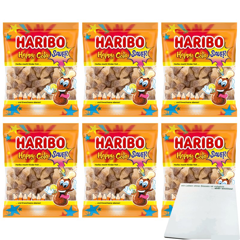 Haribo Happy Cola sauer 6er Pack (6x175g Beutel) + usy Block