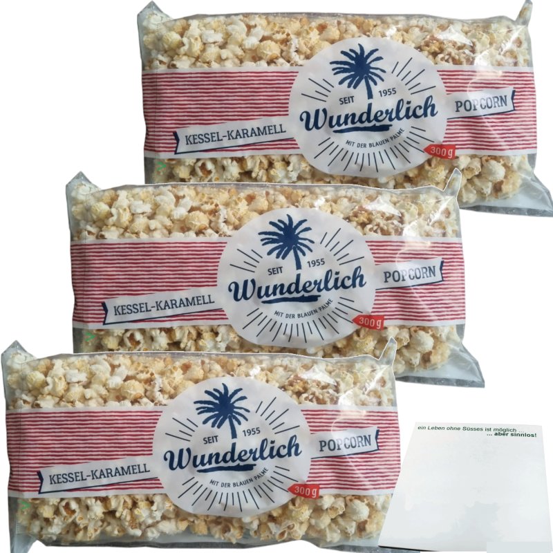 Wunderlich Kessel-Karamell Popcorn 3er Pack (3x300g Beutel) + usy Blo