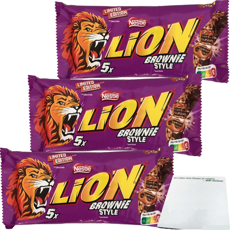 Lion Brownie Style Schokoriegel 3er Pack (3x 5x30g Packung) + usy Blo