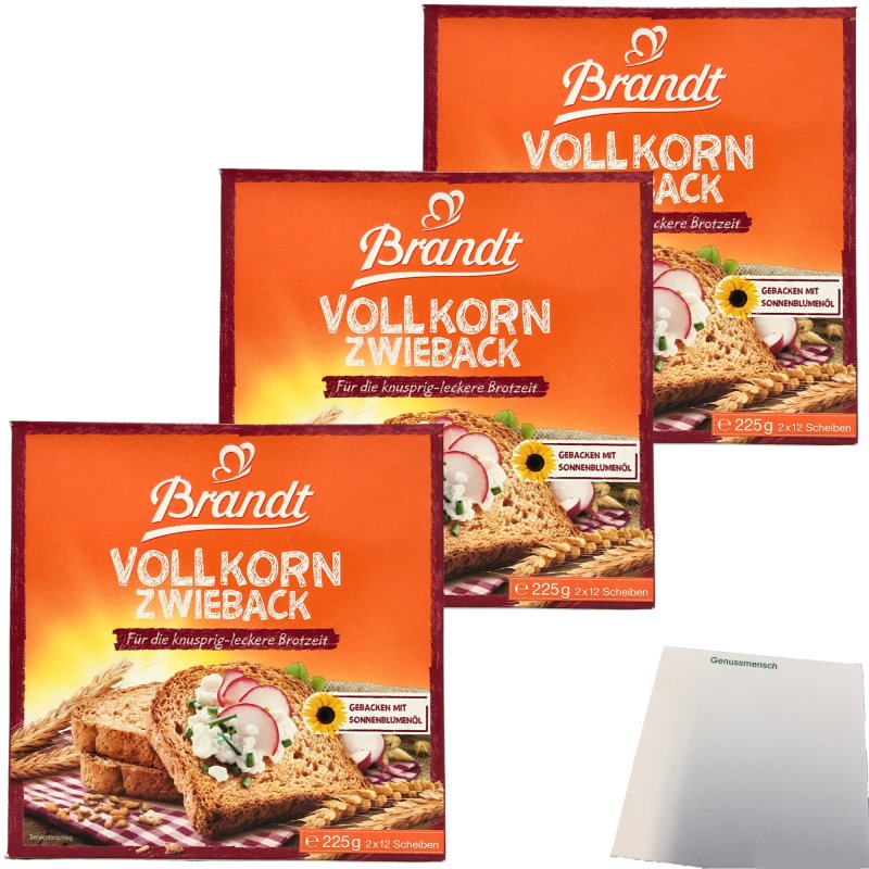 Brandt Vollkorn Zwieback knuspriger Genuss 3er Pack (3x225g Packung)