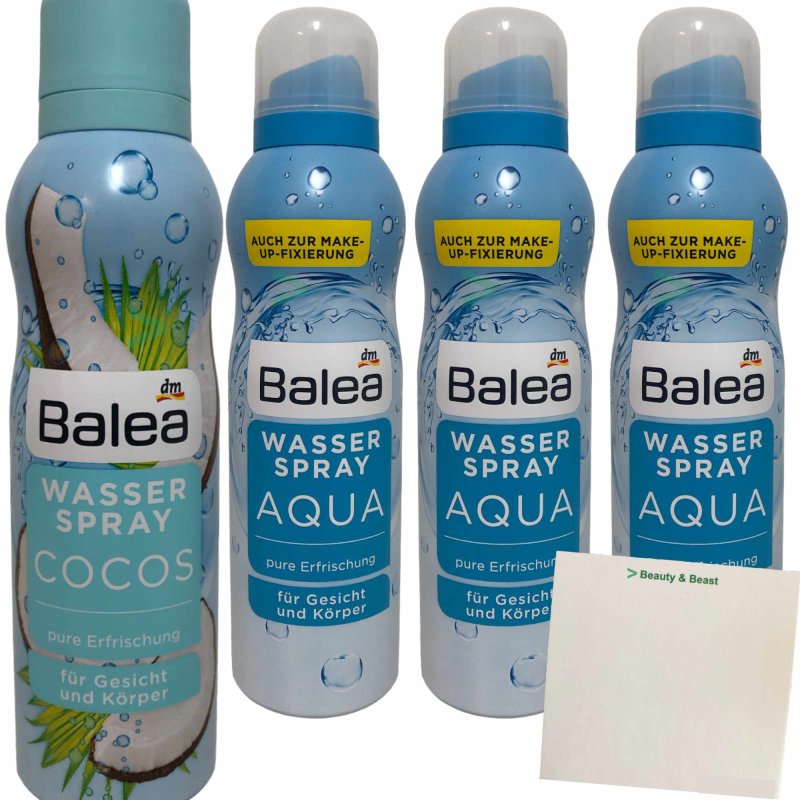 Balea Wasserspray Aqua für Gesicht und Körper 3er Pack + 1x Cocos (4x