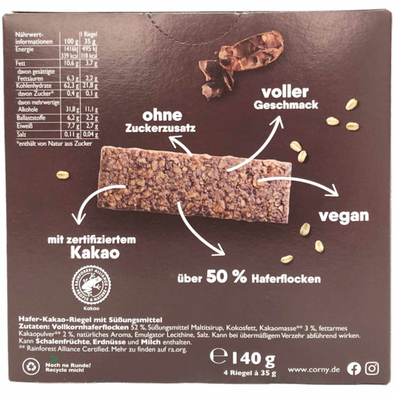 Corny Haferkraft Zero Kakao Hafer-Kakao-Riegel 6er Pack (24x35g Riege