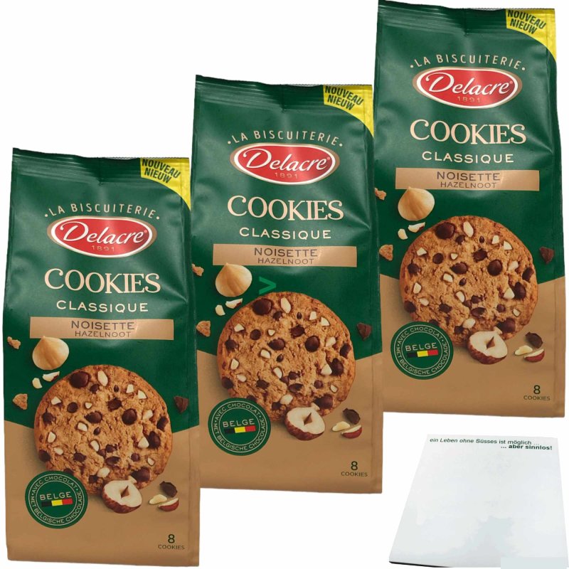 Delacre Cookies Kekse mit Schokoladen und Haselnussstückchen 3er Pack