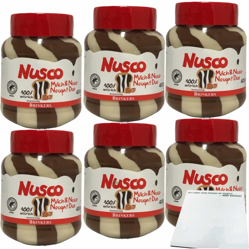 Nusco Milch & Nuss Nougat Duo Creme 6er Pack (6x400g Glas) + usy Bloc