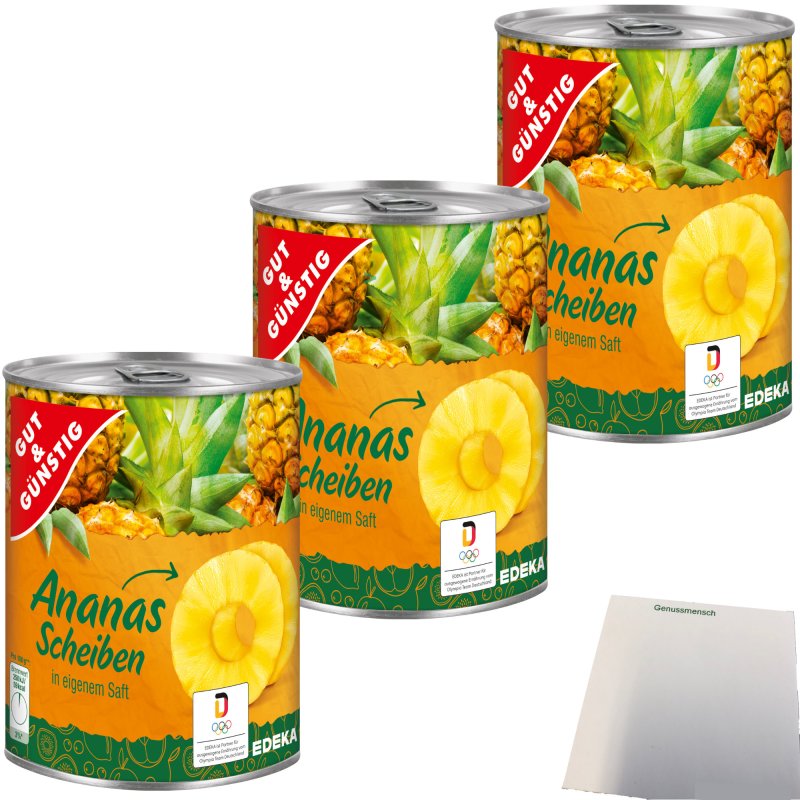 Gut&Günstig Ananas ganze Scheiben in eigenem Saft 3er Pack (3x820g Do