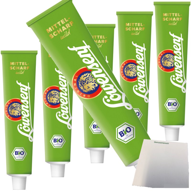 Löwensenf Bio mittelscharf mild 6er Pack (6x200ml Tube) + usy Block