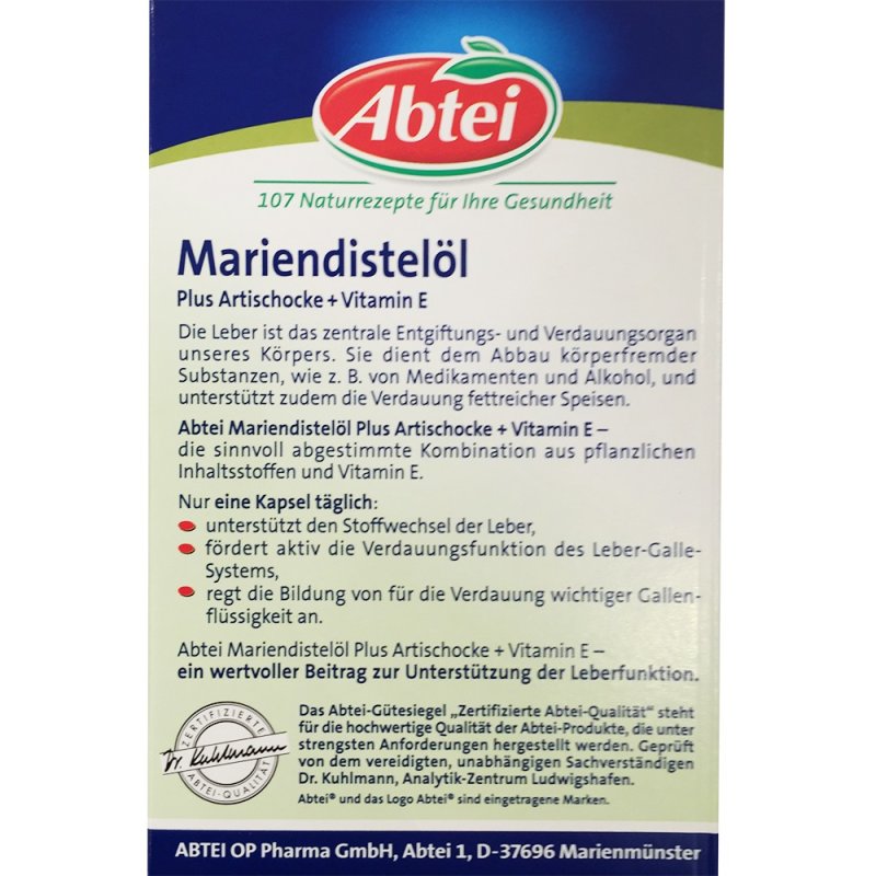 Abtei Mariendistelöl Plus Artischocke mit Vitamin E Kapseln für die L