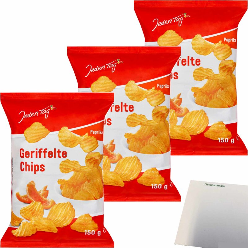Jeden Tag Geriffelte Chips Paprika 3er Pack (3x150g Packung) + usy Bl