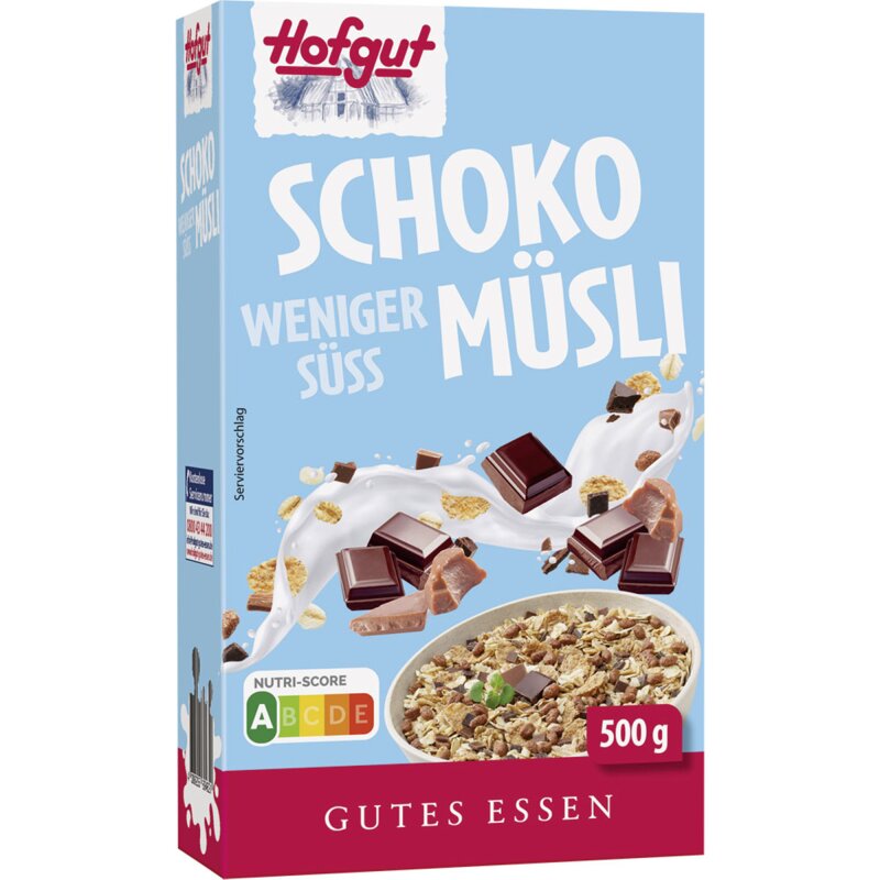 Hofgut Müsli Schoko wenig süß VPE (6x500g Packung) + usy Block